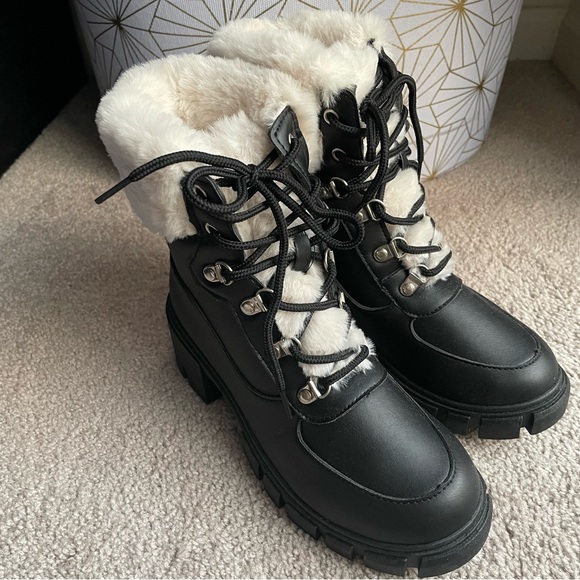 Shoes | Faux Fur Lace Up Boots Black | Poshmark